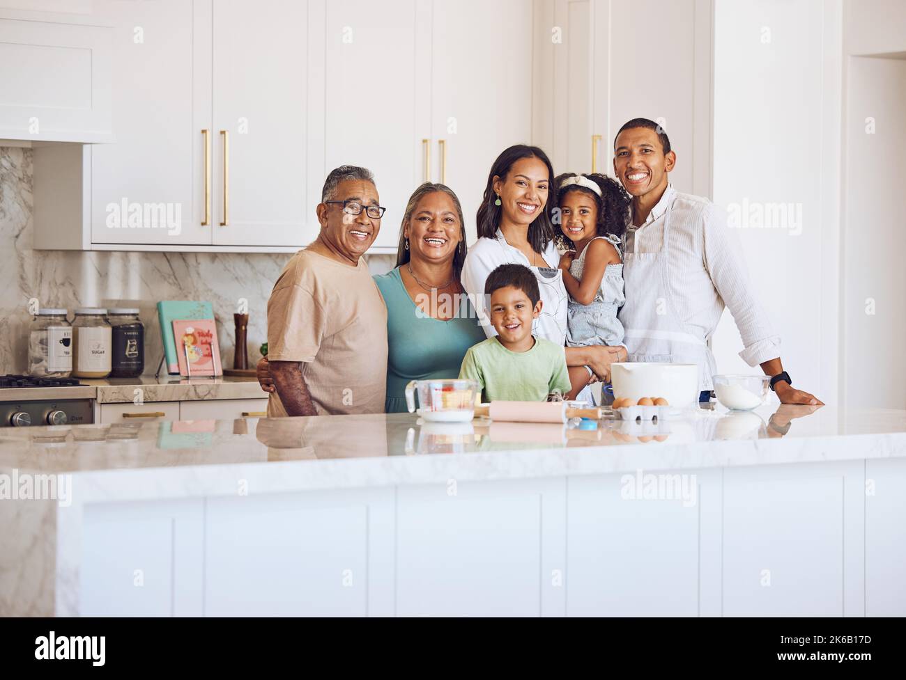 Cooking, family and portrait with grandparents in kitchen enjoying ...
