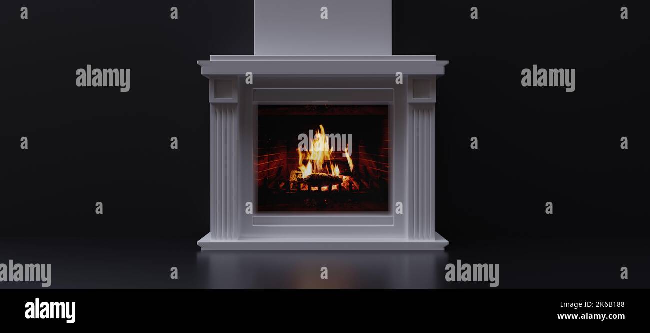 Marble fireplace, firewood burning. White fireside isolated on black ...