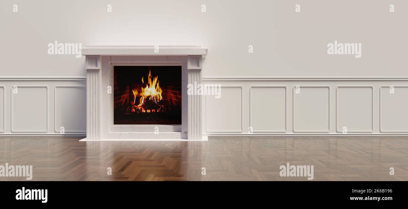 Fire burning in a white marble fireplace, wooden parquet floor, wainscot panel wall, living room ...