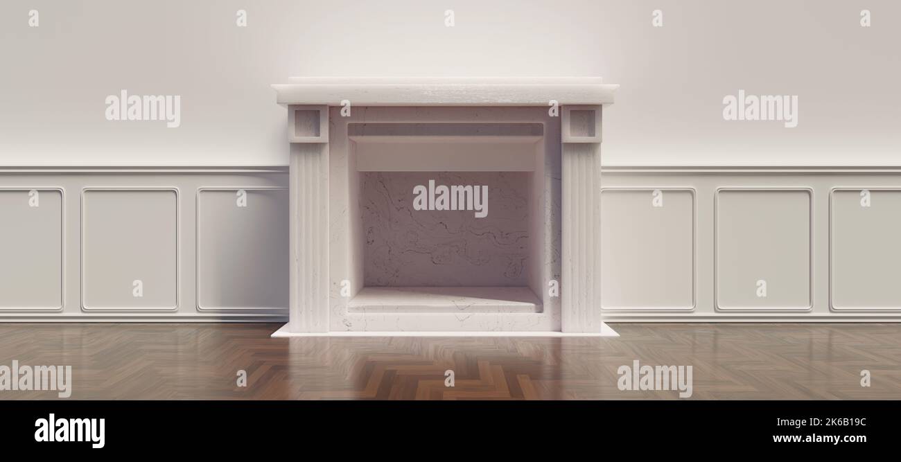 Fireplace white marble empty on wooden parquet floor, wainscot panel on wall, living room ...