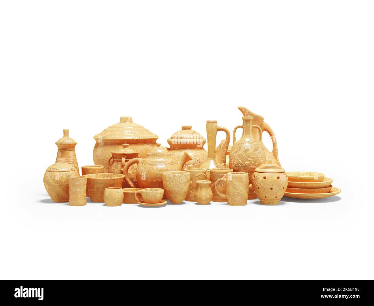 3d illustration of pottery with patterns on white background with ...