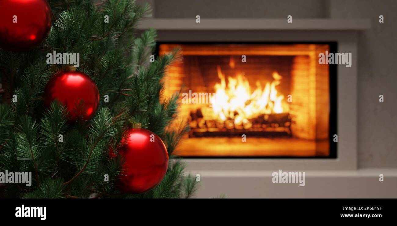 Christmas tree and burning fireplace, warm home. Fire burning, living ...