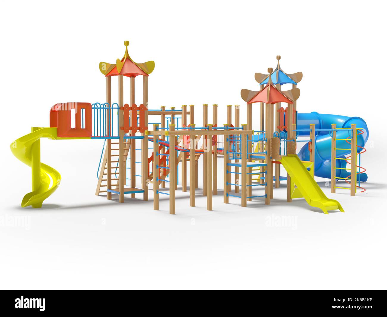 3D illustration of playground with two slides for children on white ...