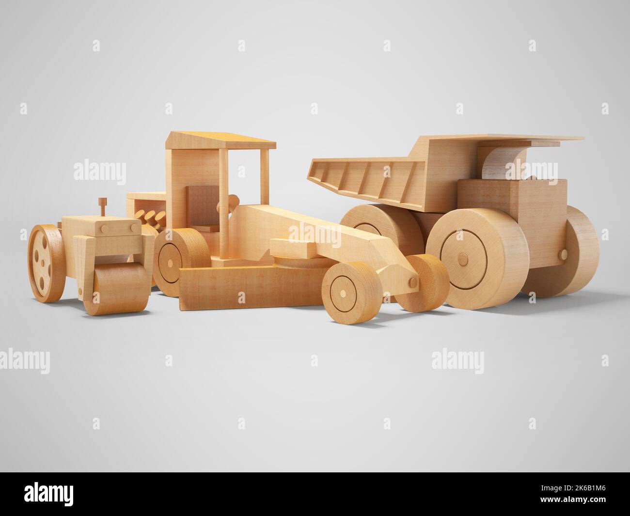 3d illustration of wooden road repair toy set on gray background with ...