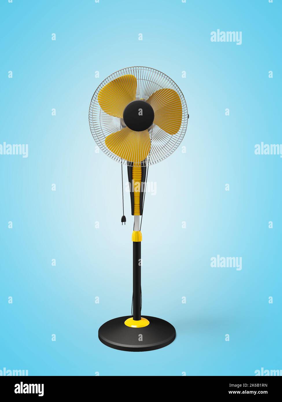 3D illustration of yellow air cooler fan on blue background with shadow ...