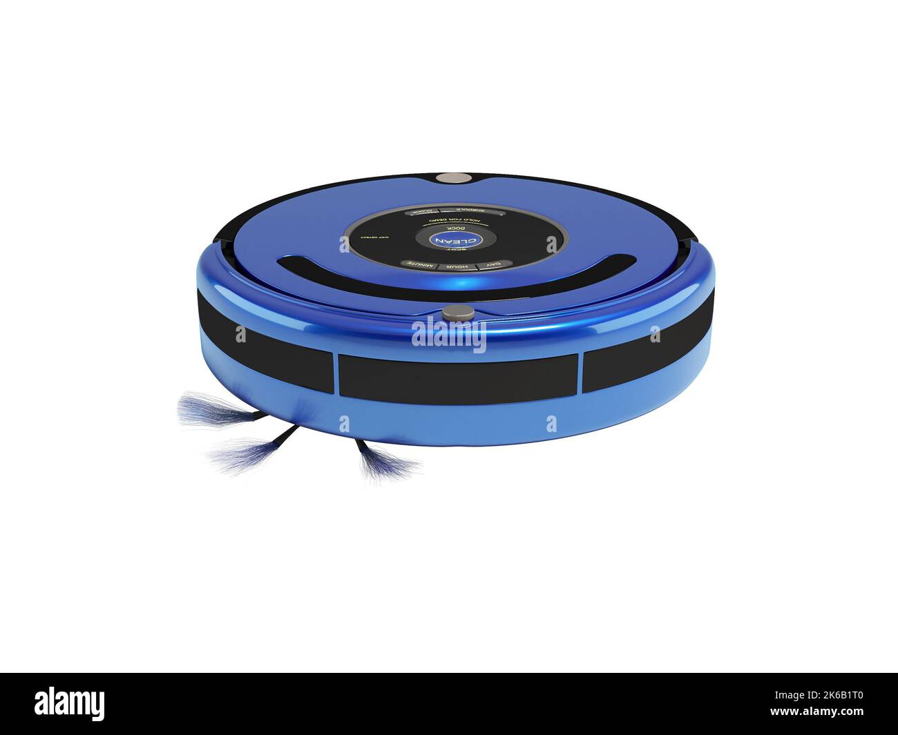 3D illustration of blue robotic vacuum cleaner on white background no ...