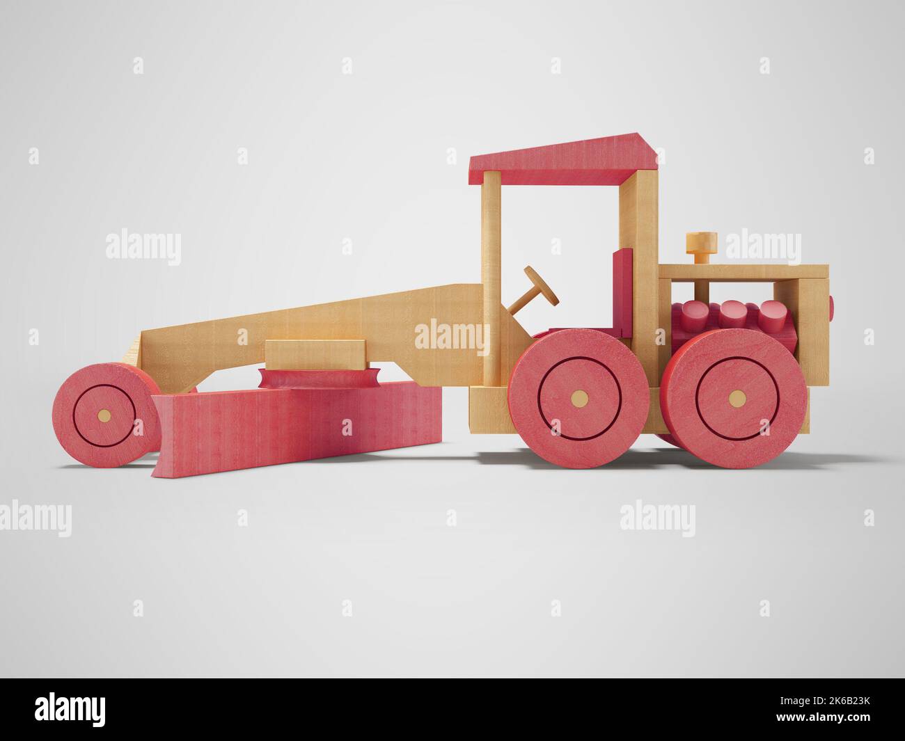 3d illustration of wooden toy grader for road repair on gray background ...