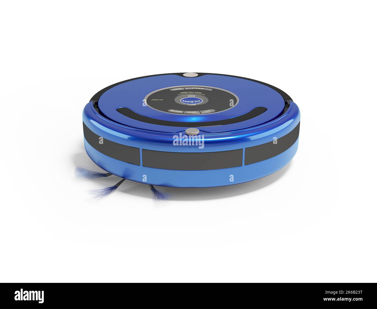 3D illustration of blue robotic vacuum cleaner on white background with ...