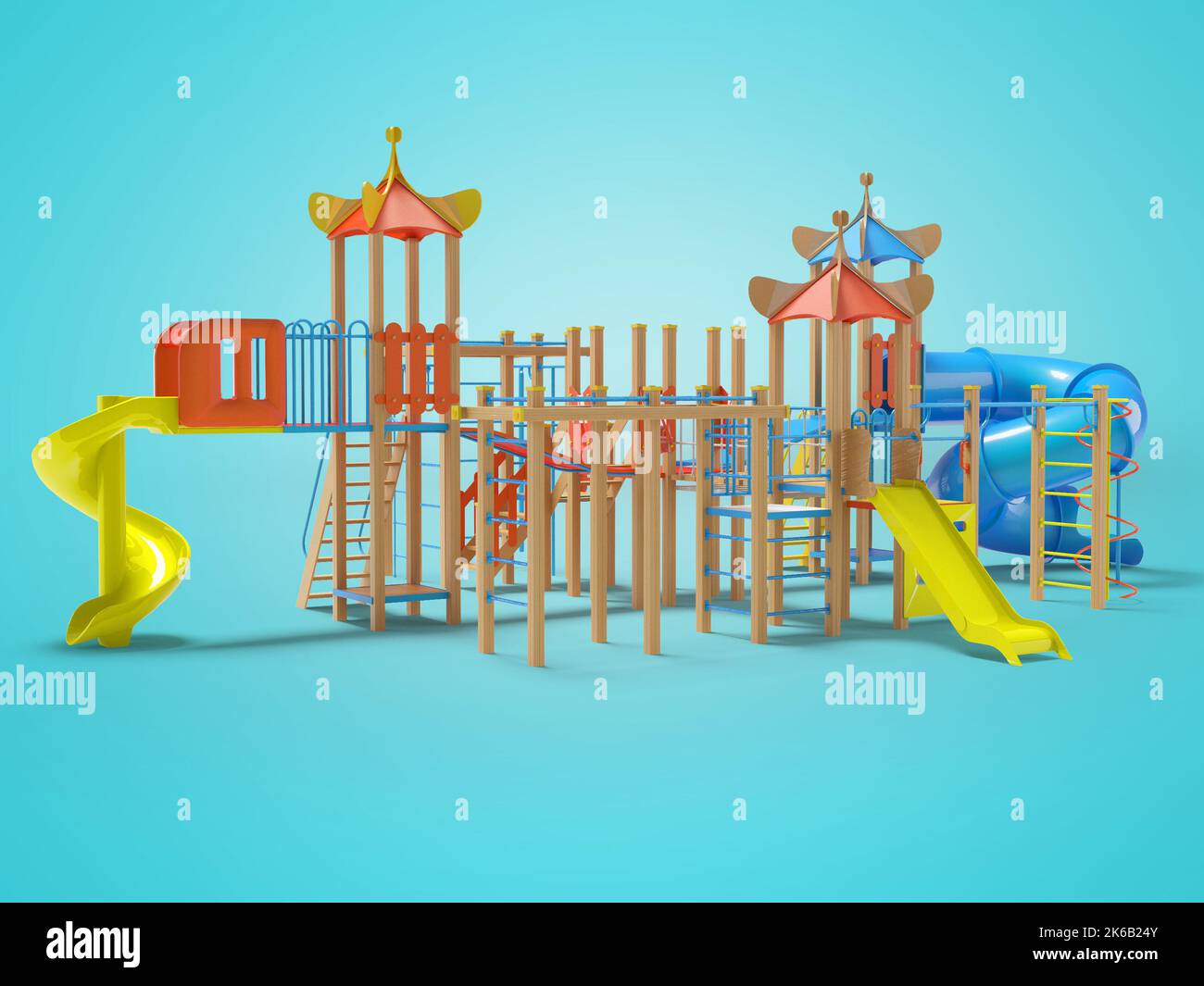 3D illustration of playground with two slides for children on blue ...