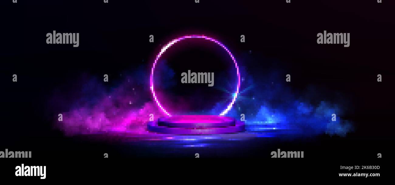 Futuristic stage with neon light circle frame and podium on water ...