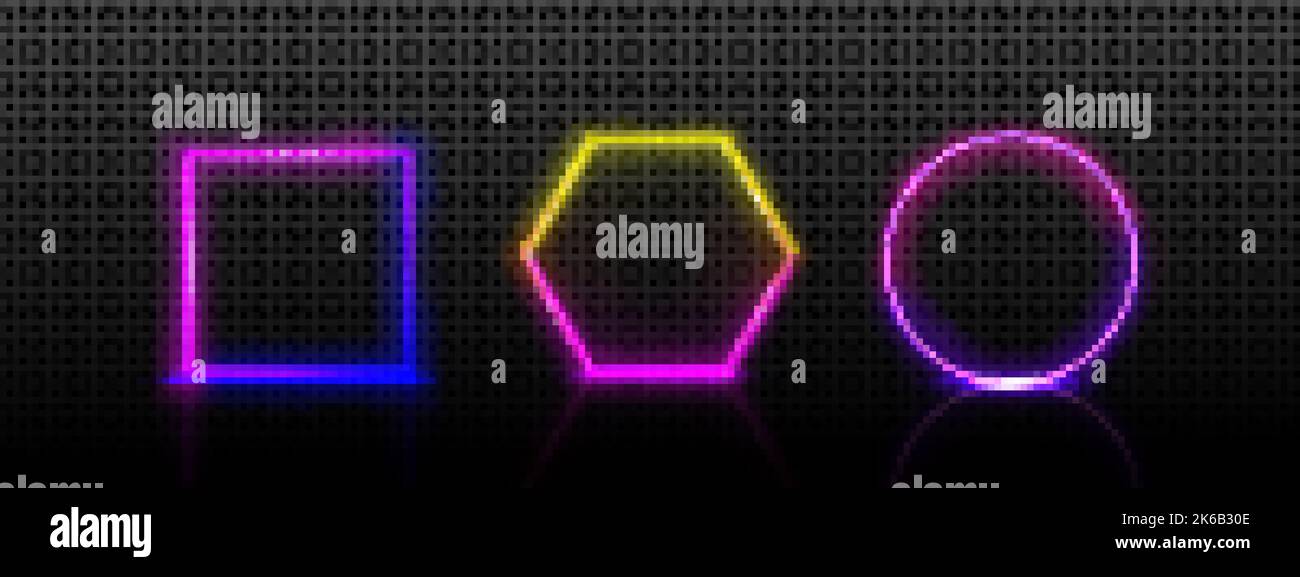 Neon frames square, circle and hexagon shapes. Electric light banners ...