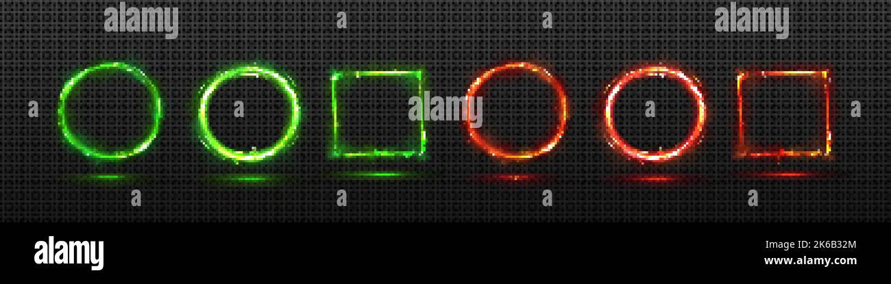 Futuristic neon frames of burning fire and green energy glow with ...