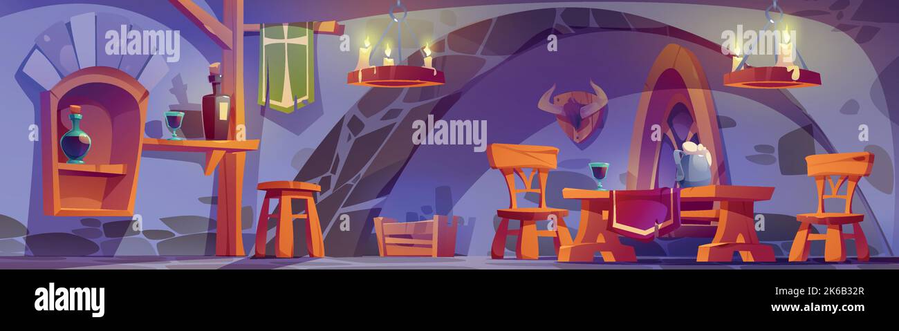 Medieval tavern in castle dungeon, ancient bar interior with candle ...