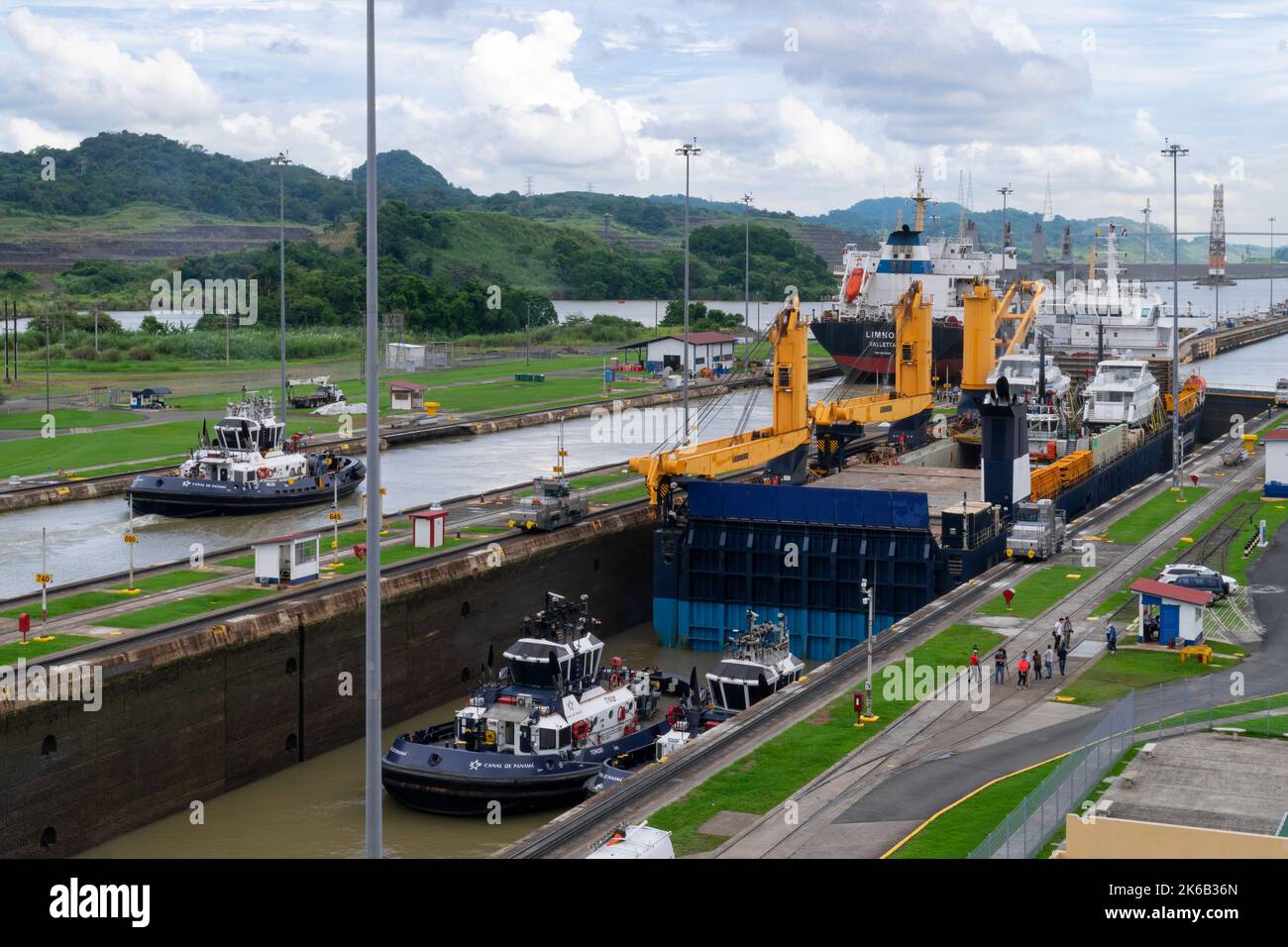 An aerial view of ships and boats in Panama Canal seen from Miraflores ...