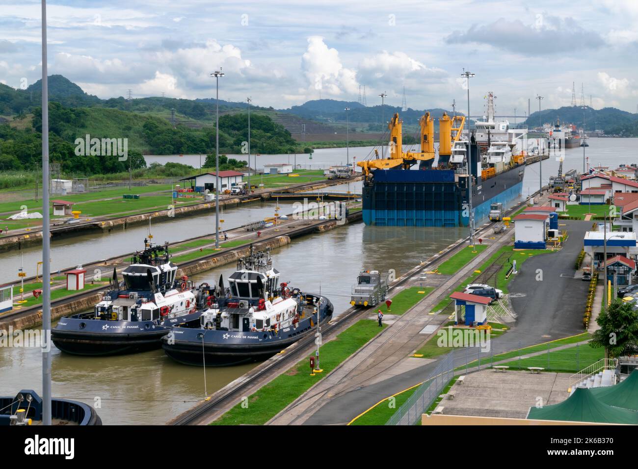 An aerial view of ships and boats in Panama Canal seen from Miraflores ...
