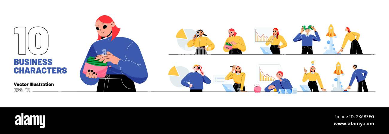 Set of business characters. Men and women count money, startup launch ...