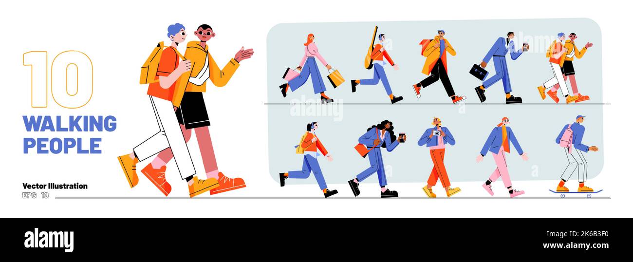 Set of walking people. Diverse pedestrians walk, tourist with camera ...