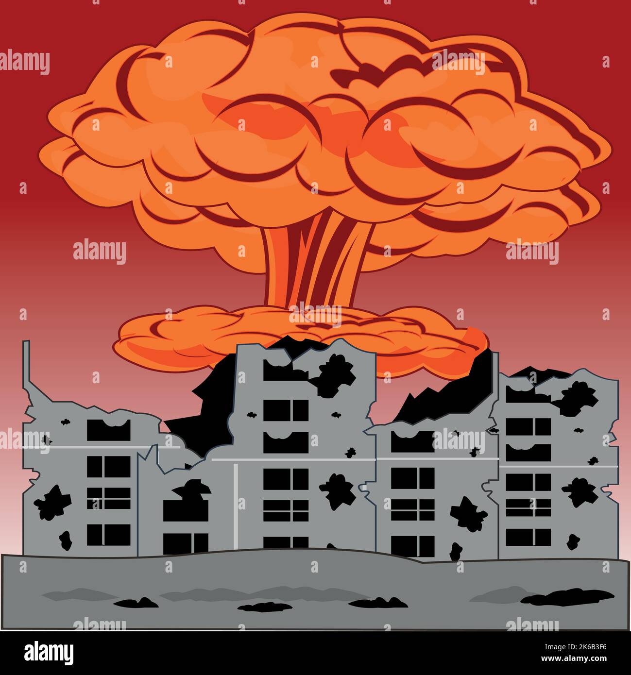 Illustration of the blast of the nucleus bomb and destroyed buildings ...