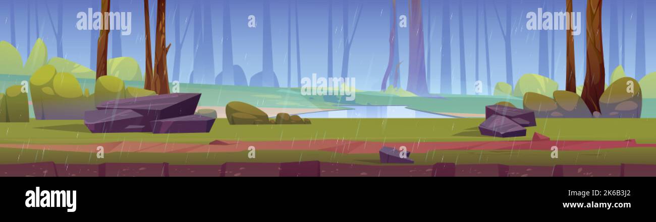 Summer rain in forest cartoon illustration. Panoramic scene of rainfall ...