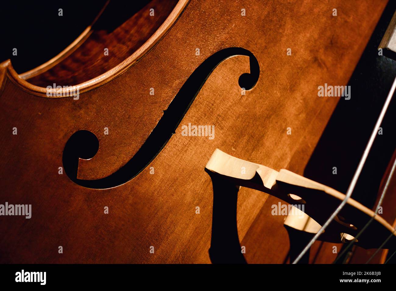 Close-up of f-hole and bridge of a cello musical instrument Stock Photo ...