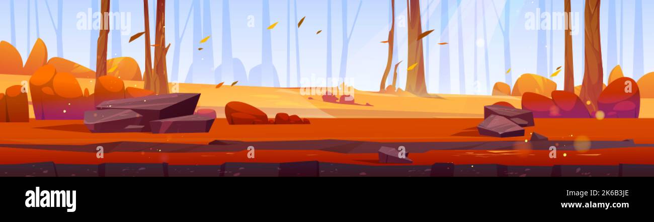 Cartoon autumn forest, wood nature landscape with yellow grass, trees ...