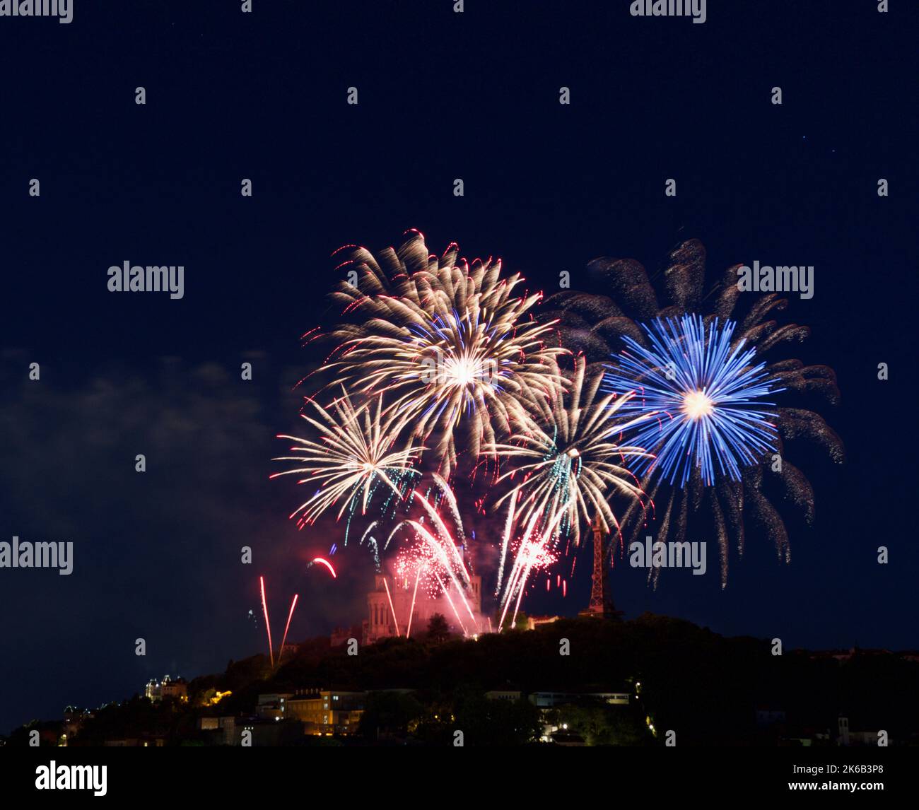 Beautiful fireworks on the Fourviere hill for the Bastille day on July ...