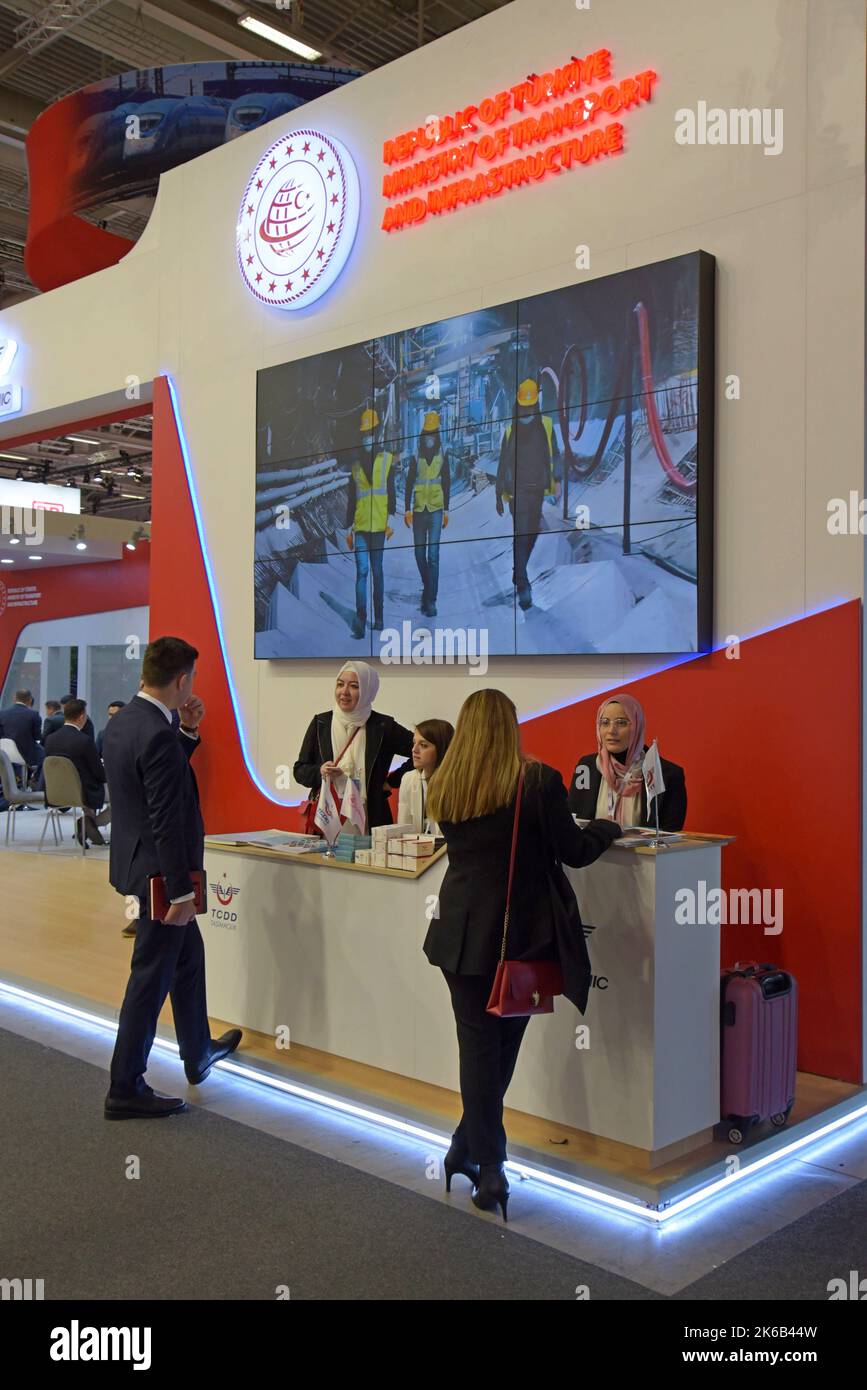 Visitors and railway engineers being welcomed at the Turkish Railways stand at Innotrans ...