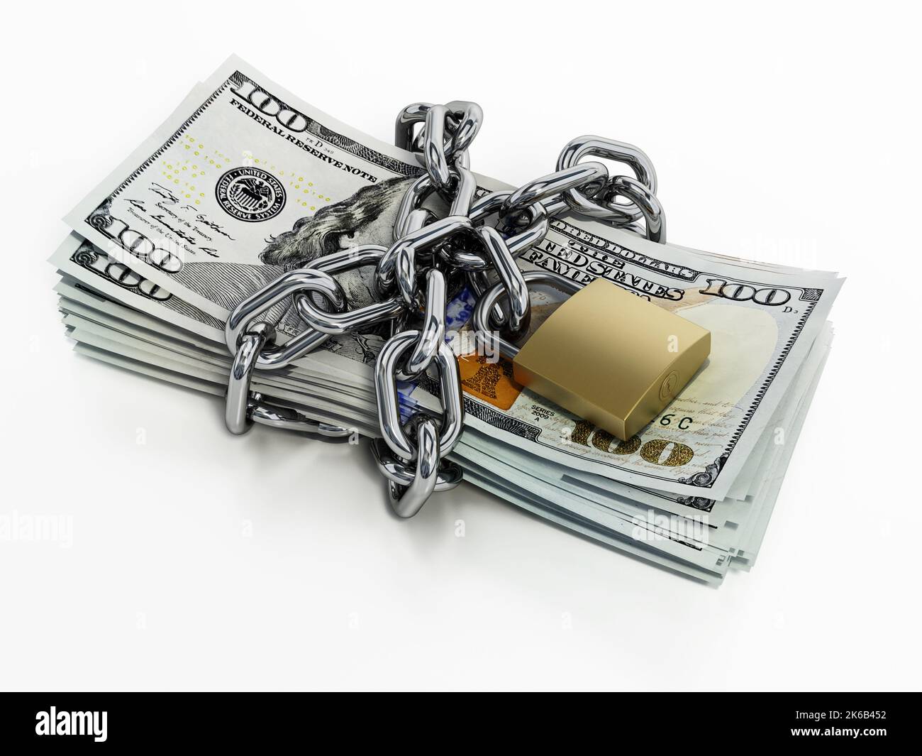 Stack of 100 Dollar bills chained and secured with a padlock. 3D ...