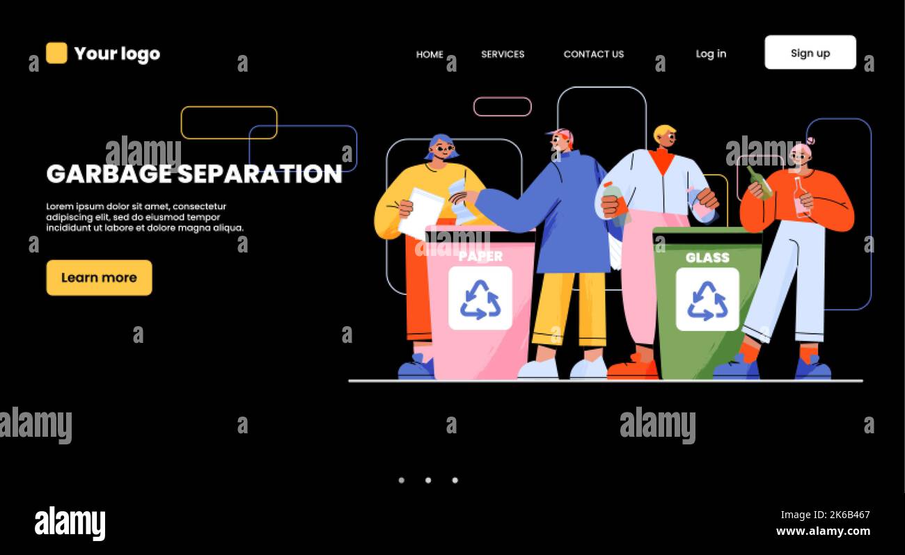 Garbage separation banner with people sorting trash for plastic and glass. Vector landing page ...