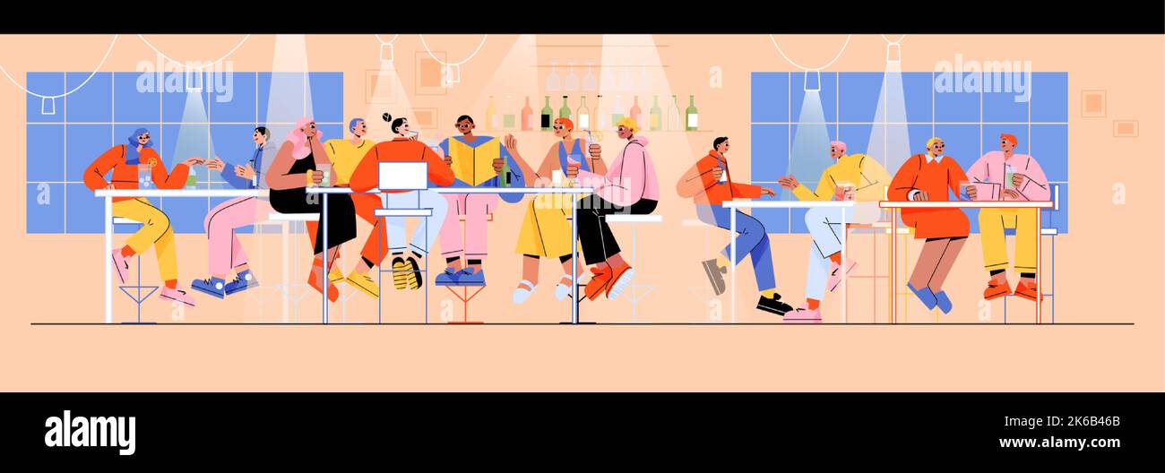 Bar interior with people drink wine and cocktails. Diverse characters ...