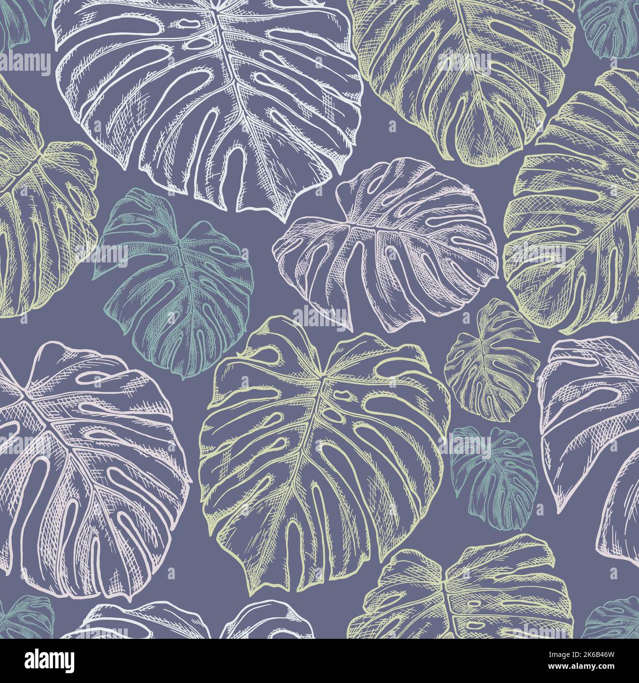 Botanical seamless pattern with leaves of tropical plants. Pen and ink ...