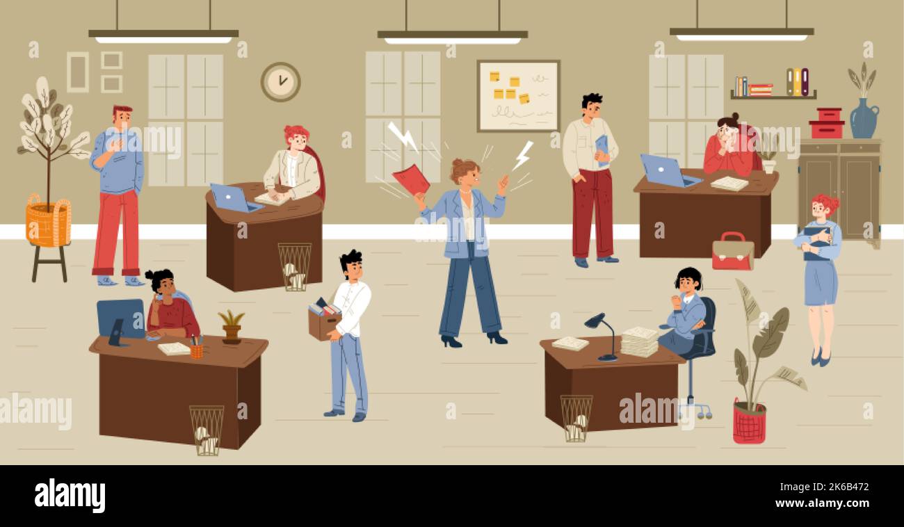 Angry boss shout on employees in office. Woman manager scold people on ...