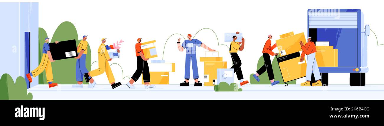 Moving service workers help at home relocation. Loaders, movers team ...