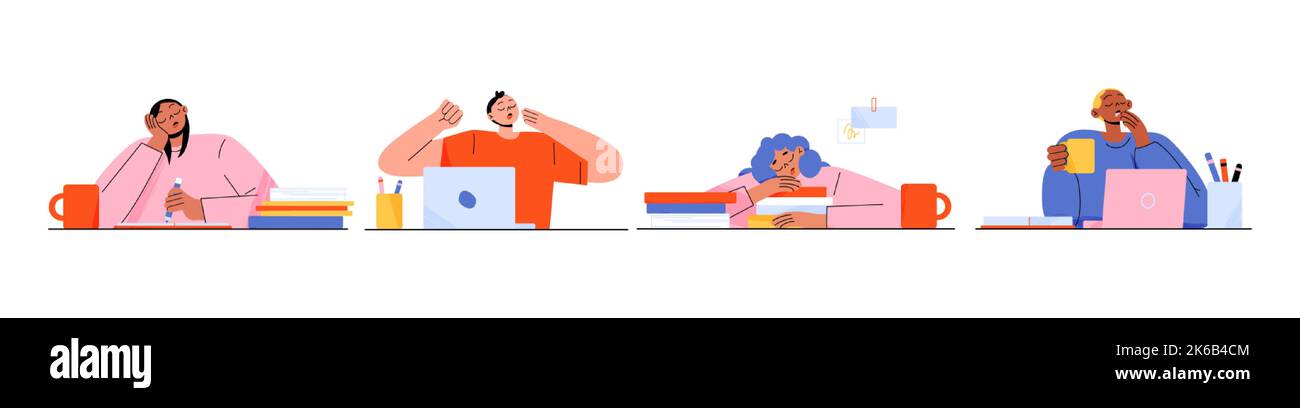 Sleepy people in office, dizzy employees sleeping and yawning on work ...