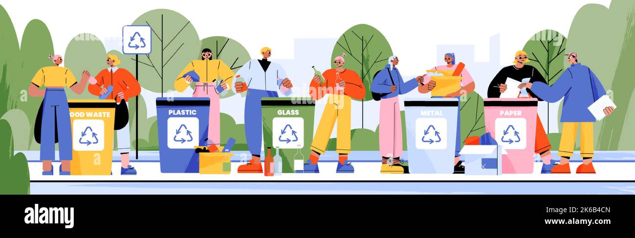 Garbage separation, waste sorting, recycle concept. People collect ...