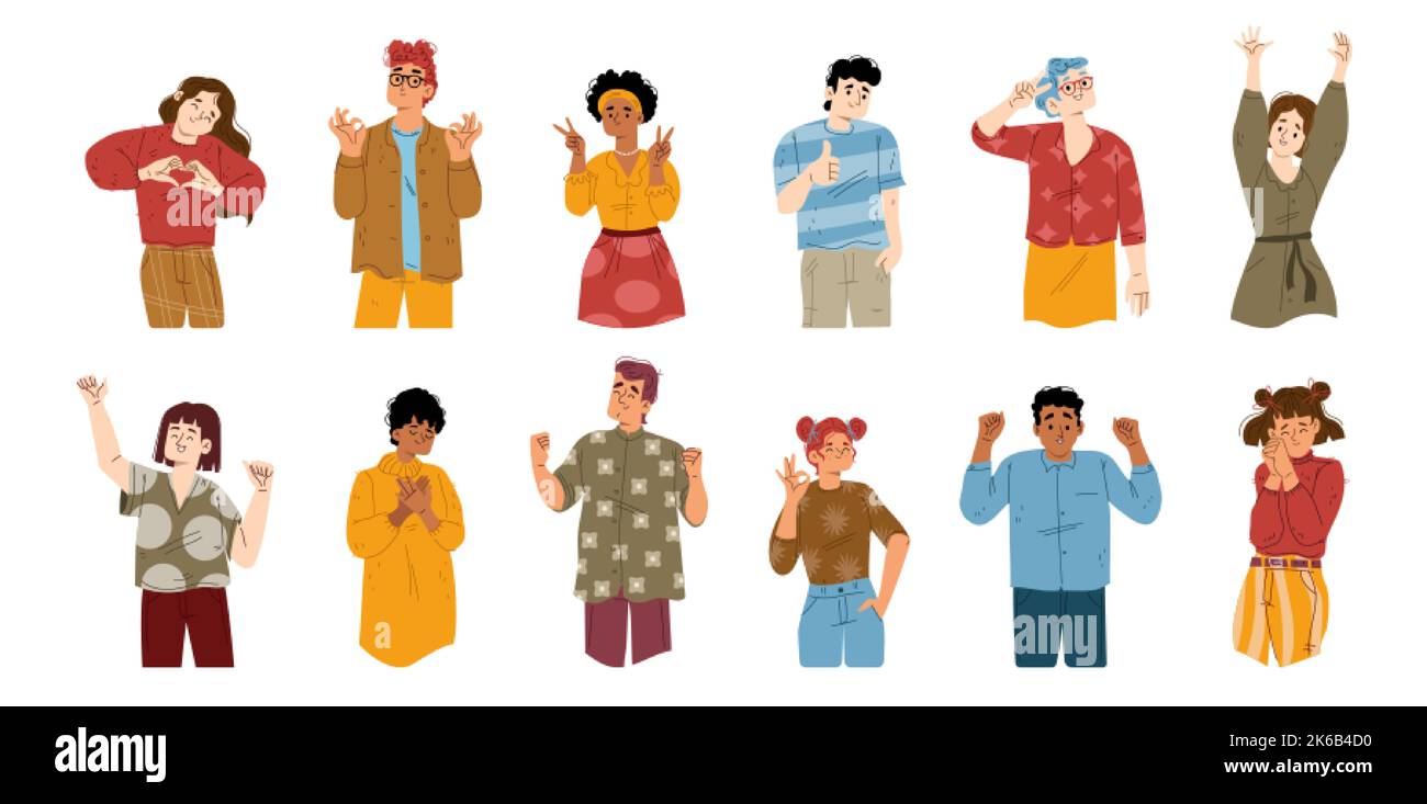 Happy people cheer, positive gestures. young cheer characters show ...