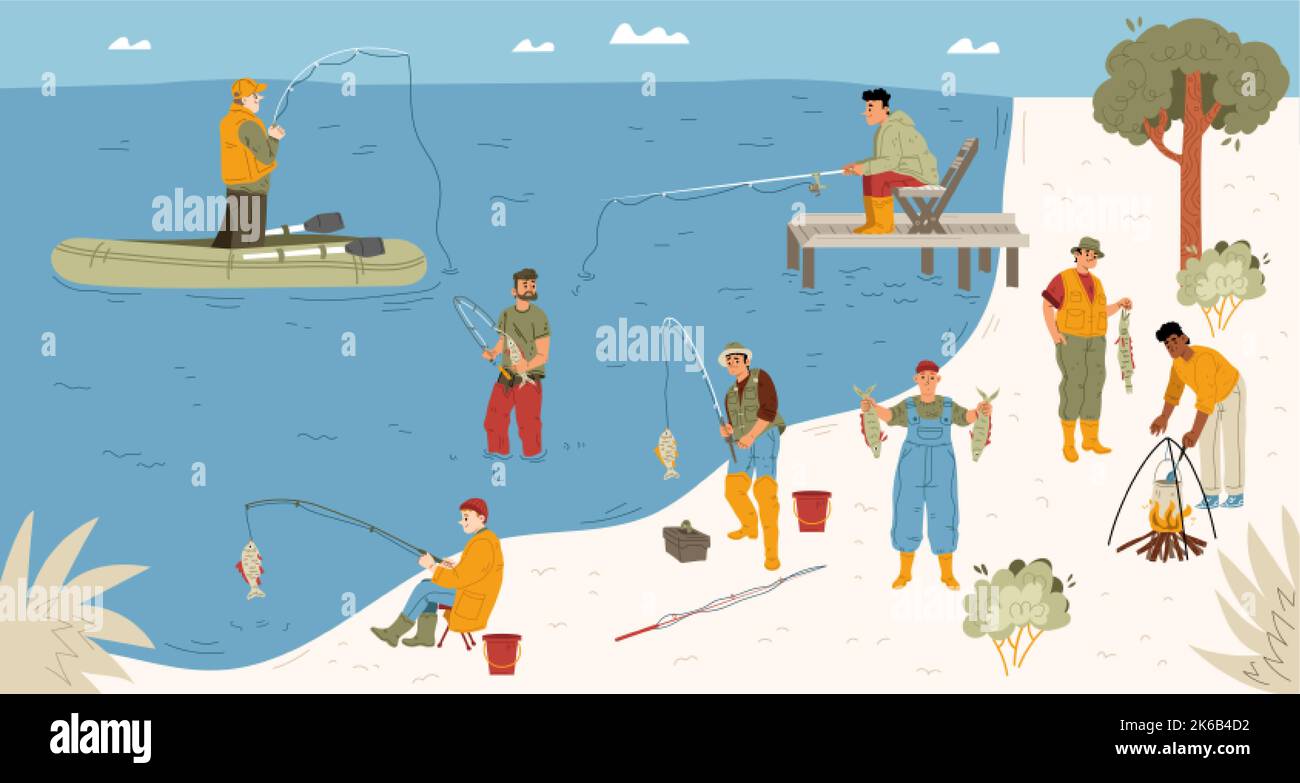 Fishermen with rods on river shore, wooden pier and inflatable rubber ...