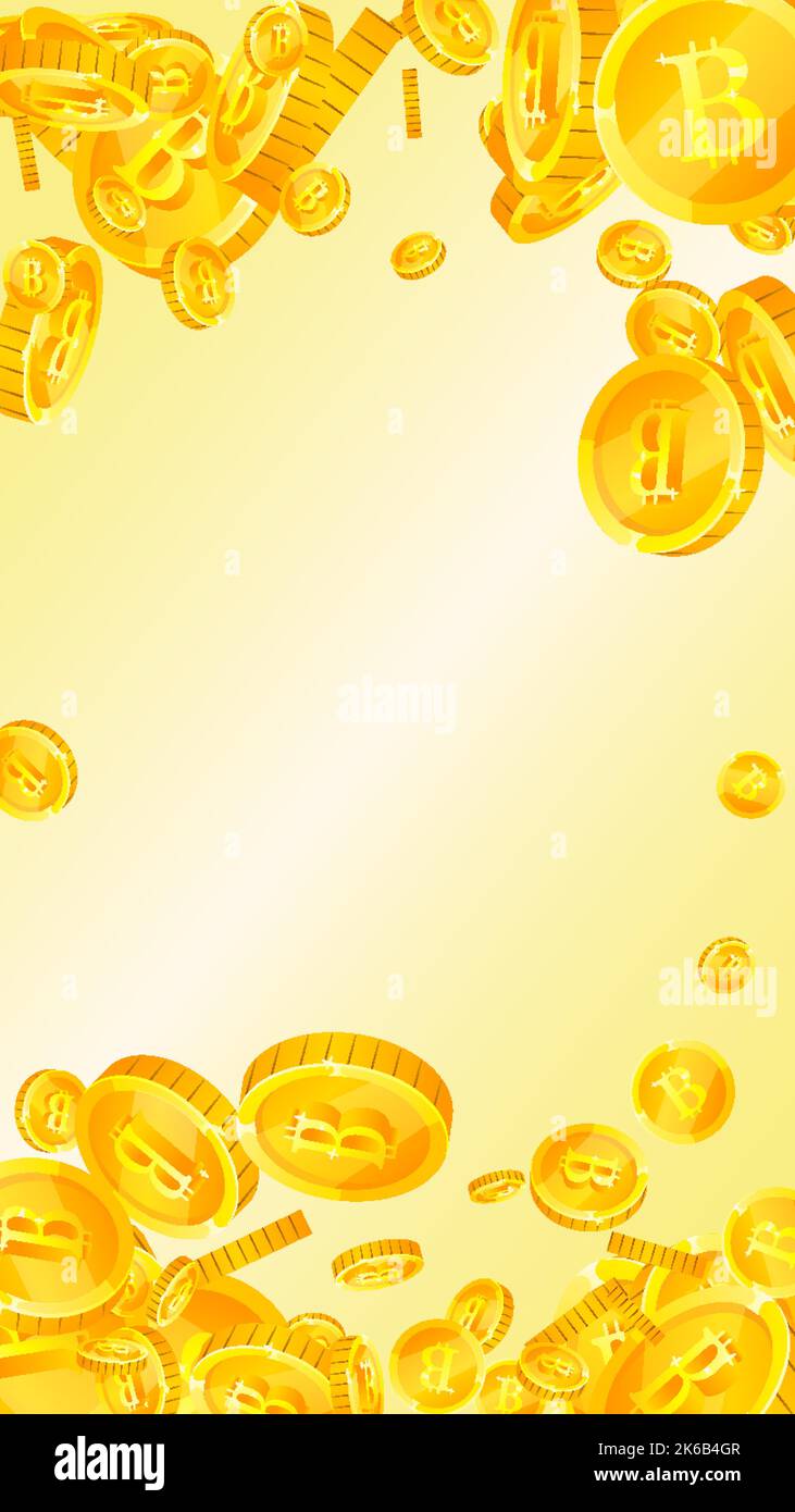 Bitcoin coins falling. Cryptocurrency scattered gold BTC coins ...