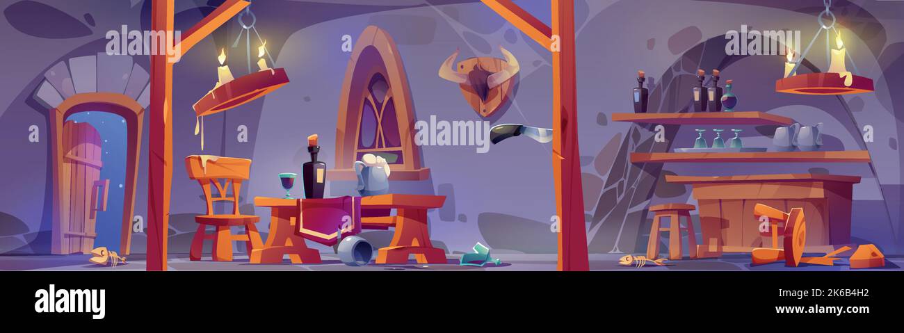 Medieval tavern after fight, ancient bar interior with broken wooden ...