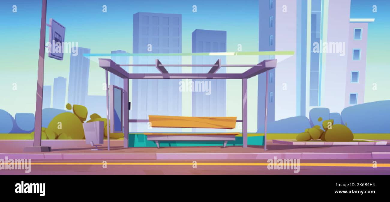 Bus stop, city station for commuter transport. Glass shelter with ...