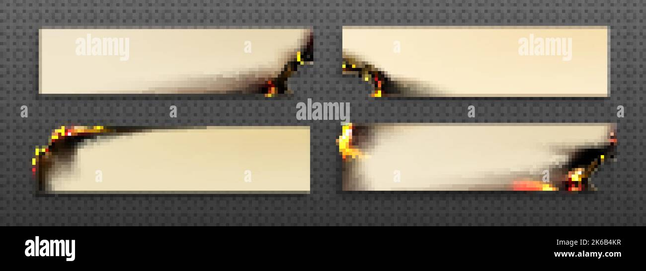 Burning rectangle paper sheets. Old notes or stickers with fire ...