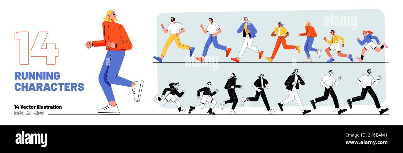 Running characters set people run in line. Adults and children jogging ...