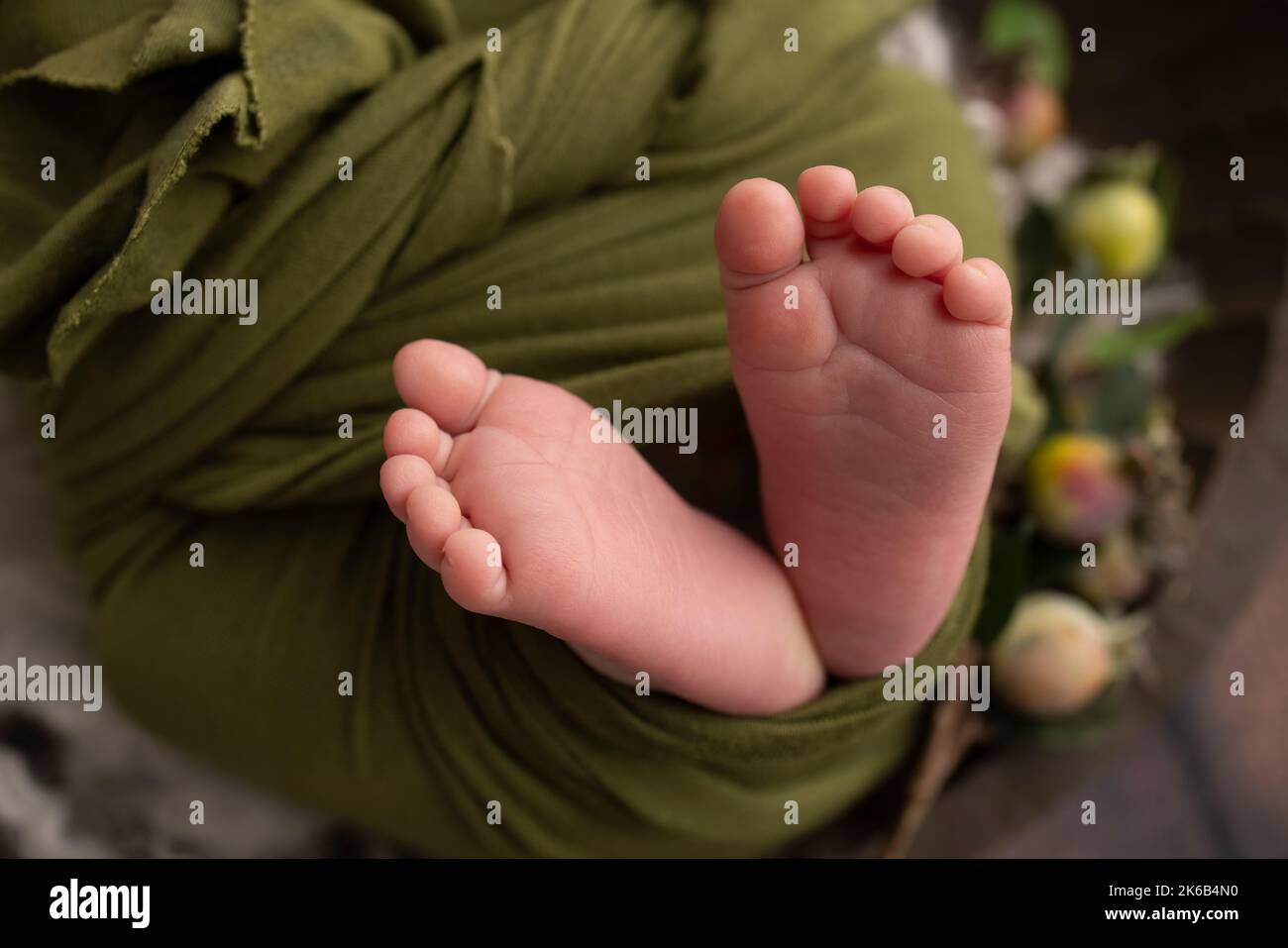 Soft feet of a newborn in a green woolen blanket. Close up of toes ...