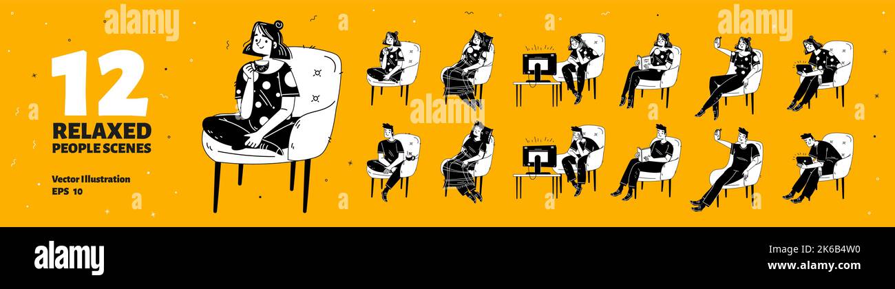 Lazy people relax in chair at home. Man and girl characters sleep ...