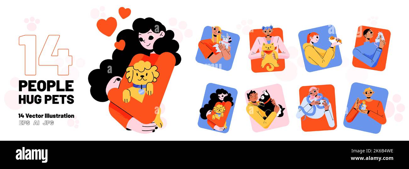 Set people hug pets square icons, young men and women holding dog, cat ...