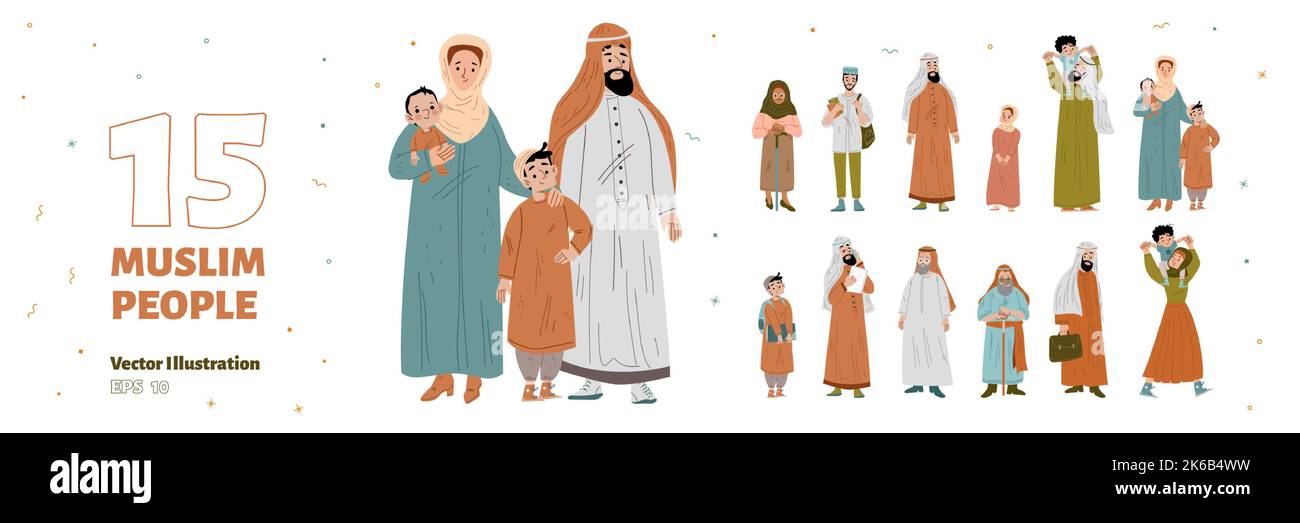 Muslim people set, family characters of different generation. Arab men ...