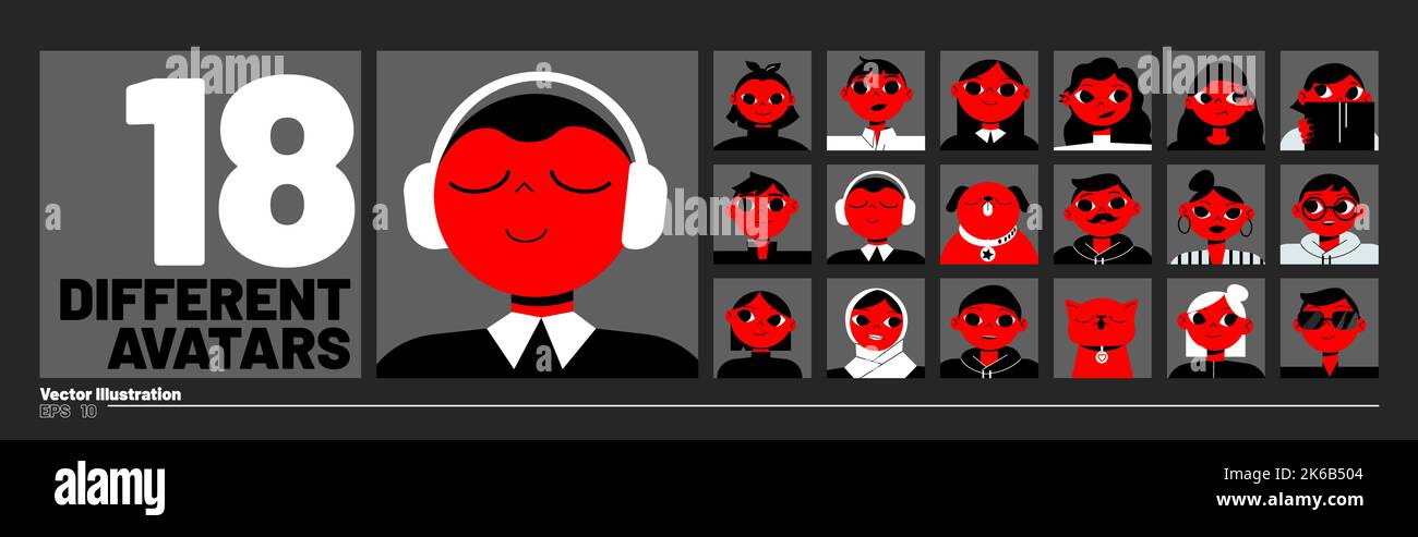 Set of different people and pets avatars square icons. Diverse men ...