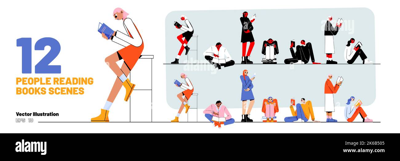 Set of people reading books in club, home or library. Happy engrossed ...