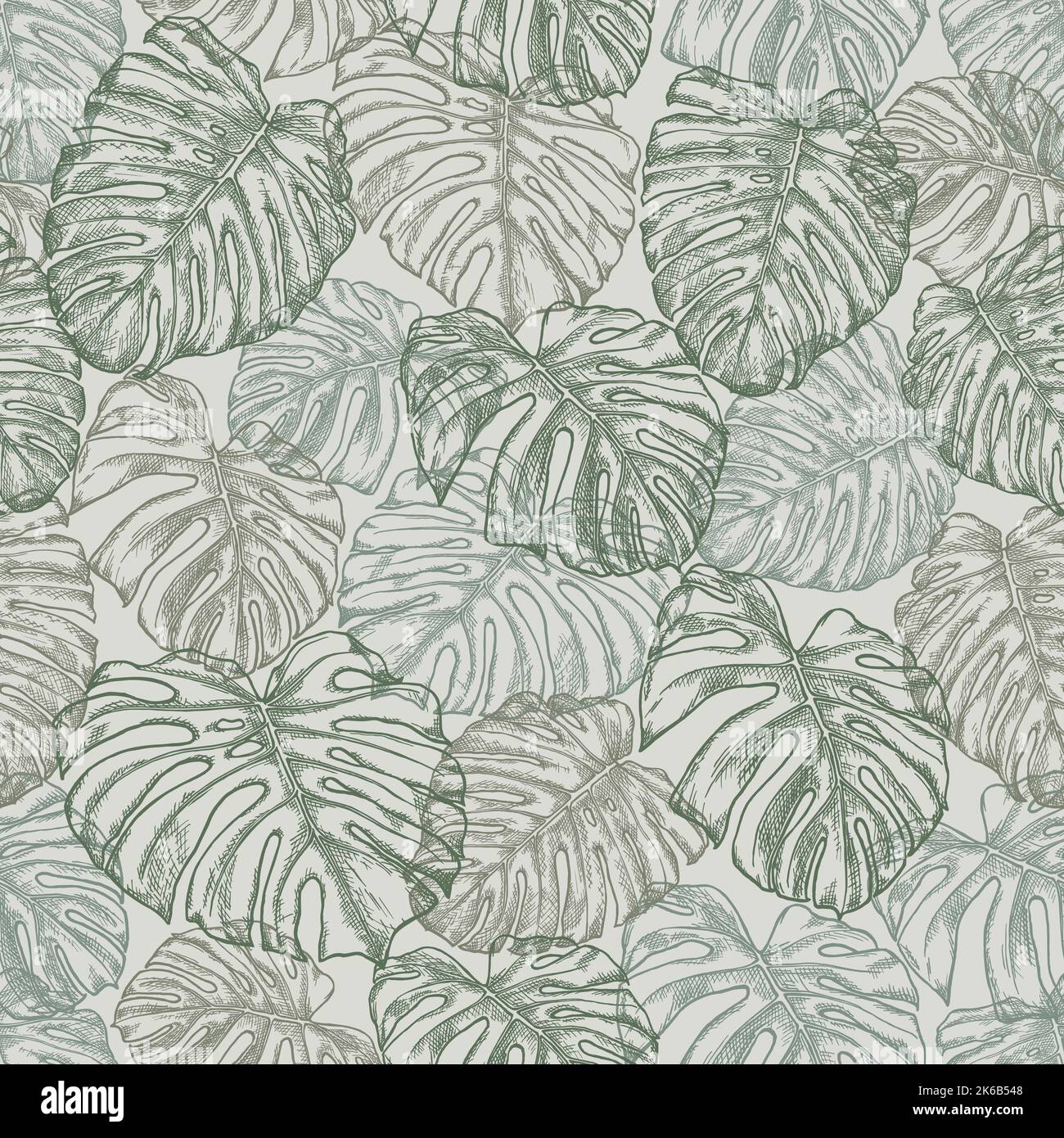 Botanical seamless pattern with leaves of tropical plants. Pen and ink hand drawn outlines ...