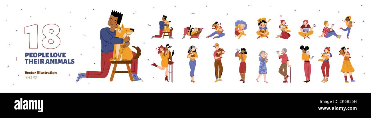 Diverse people love their pets isolated on white background. Happy ...